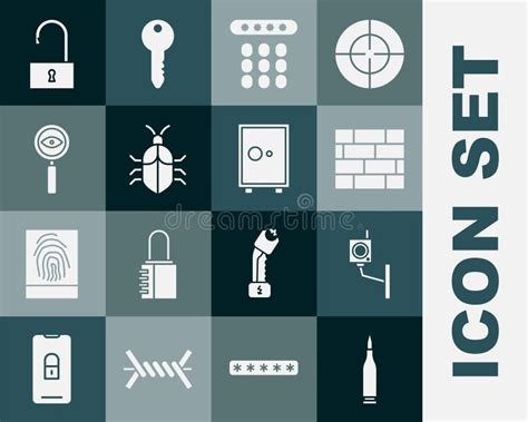 Set Bullet Security Camera Bricks Password Protection System Bug Concept Magnifying Glass