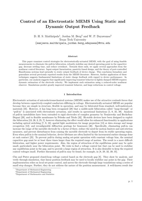 Pdf Control Of An Electrostatic Mems Using Static And Dynamic Output Feedback