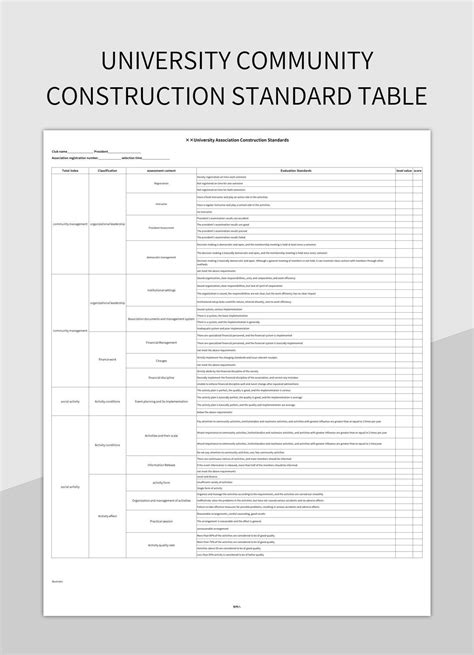 University Community Construction Standard Table Excel Template And
