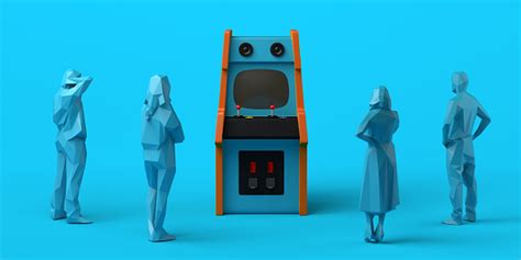 복고풍 아케이드 게임 기계를 보는 사람들 아케이드 룸 공간을 복사합니다 게임 컨셉 3d 일러스트레이션 3차원 형태에 대한 스톡 사진 및 기타 이미지 Istock