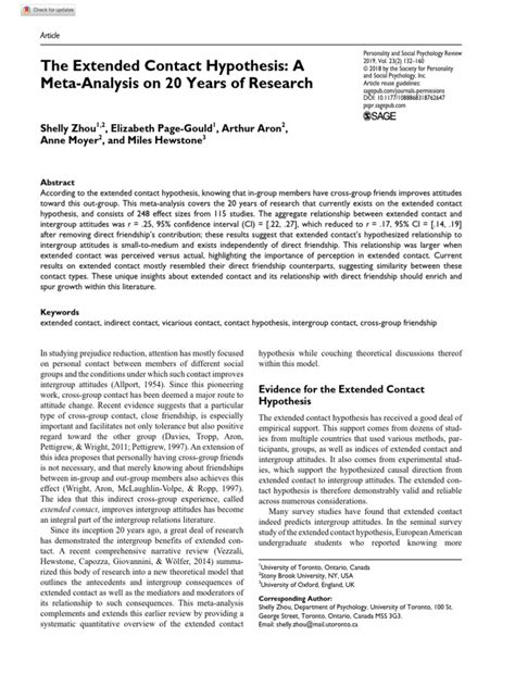 Zhou Et Al 2018 The Extended Contact Hypothesis A Meta Analysis On 20 Years Of Research Pdf
