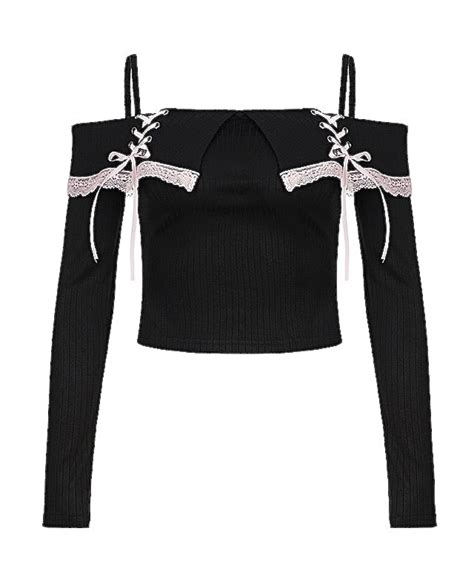 [일시품절]앨리스 코르셋 리본 레이스 카라 오프숄더 긴팔 골지티셔츠 에이블리
