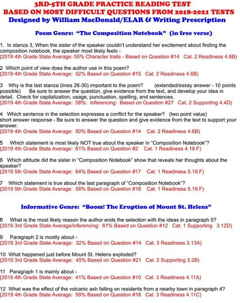 3rd 5th Grade Practice Reading Test Based On Most Difficult Questions From 2018 2021 Reading