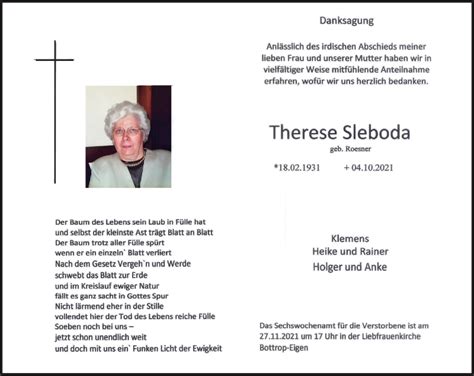 Traueranzeigen Von Therese Sleboda Trauer In Nrw De