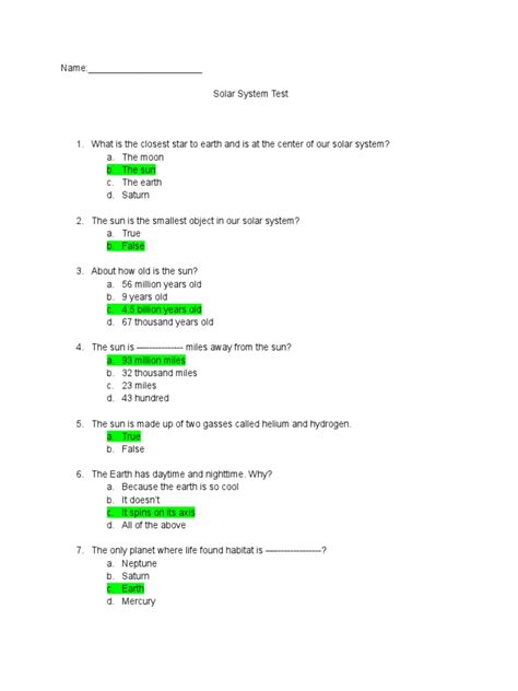 Solar System Unit Pretest Post Test Answer Key Download Free Pdf Solar System Planets