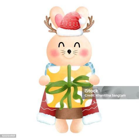 빨간 드레스에 뿔이 달린 사랑스러운 수채화 크리스마스 토끼와 선물 상자를 들고 있는 파란색 스카프 놀라움에 대한 스톡 벡터 아트 및 기타 이미지 Istock