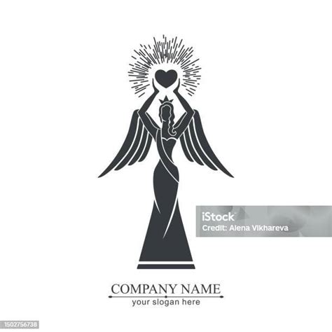 날개가 달린 여성의 로고가 광선으로 손에 심장을 들고 있습니다 친절과 자비 프리젠 테이션 뷰티 콘테스트의 템플릿을위한 인형