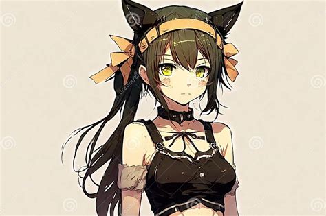Cute Anime Girl With Cat Ears And Tail Manga Style Character Illustration Generative Ai Stock