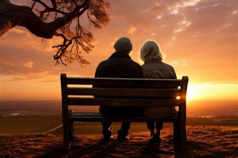 Elderly Couple Enjoying Sunset Together On Bench