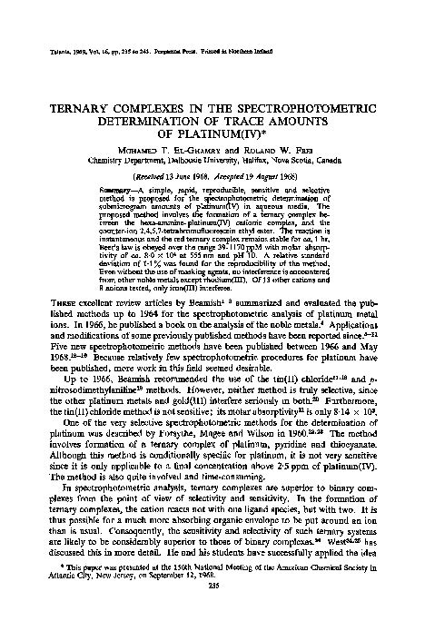 Pdf Ternary Complexes In The Spectrophotometric Determination Of Trace Amounts Of Platinum Iv