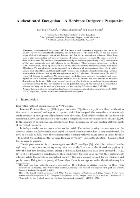 Pdf Authenticated Encryption A Hardware Designer S Perspective