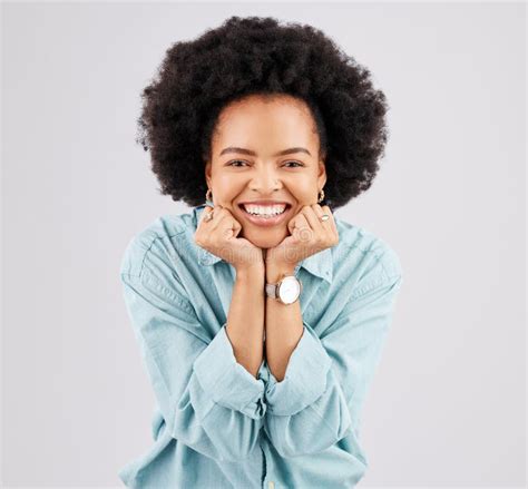 Face Excited And Portrait Of Black Woman In Studio Smile For Good