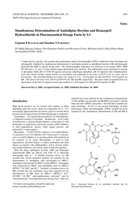 Pdf Simultaneous Determination Of Amlodipine Besylate And Benazepril