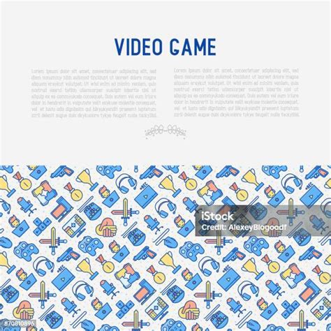 얇은 선 아이콘 비디오 게임 개념 게이머 컴퓨터 게임 Pc 헤드셋 마우스 게임 컨트롤러 현대 벡터 일러스트 레이 션 배너 웹