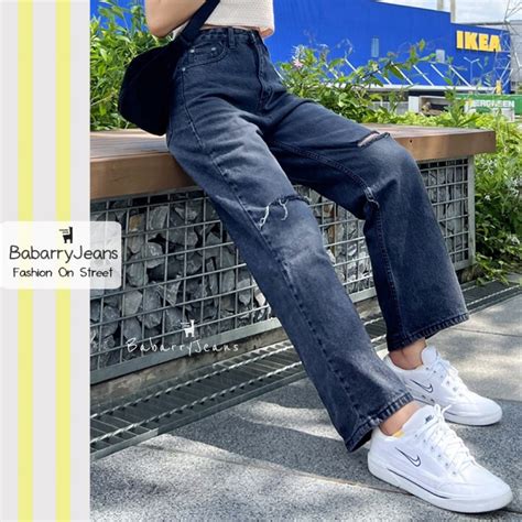 Babarryjeans กางเกงยีนส์ขายาว ผู้หญิง ทรงกระบอก เอวสูง ขาดเข่า ผ้าไม่ยืด สีดำฟอก Shopee Thailand