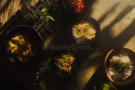 Top View Of Asian Food Bowls With Deconstructivism And Geometry Stock