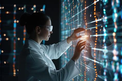 Premium Photo A Focused Woman Wearing A Lab Coat Meticulously Examines Data On A Computer