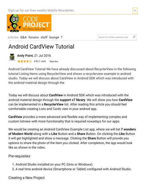 Android Cardview Tutorial Codeproject Pdf Android Operating System Mobile App