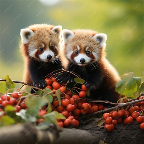 Premium Photo Two Red Pandas Eating Red Berries In A Tree