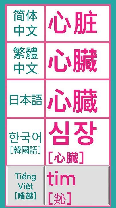 简繁中日韩越词汇书写和读音对比 心脏 Youtube