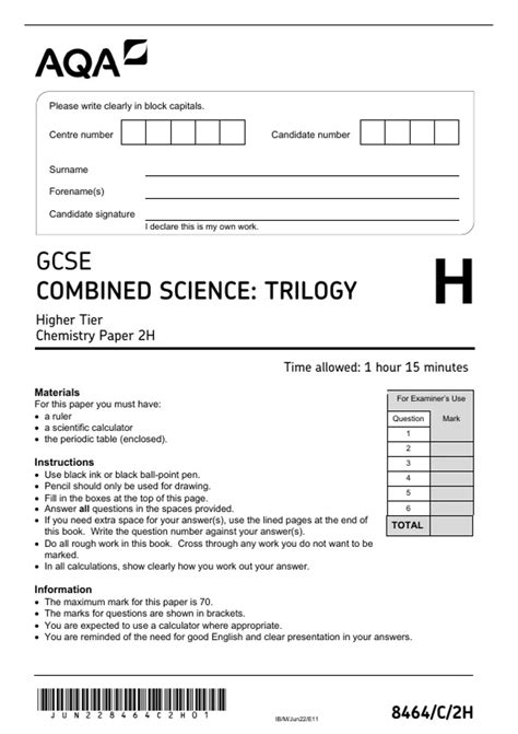 AQA GCSE COMBINED SCIENCE TRILOGY 8464 C 2H Higher Tier Chemistry Paper 2H Question Paper