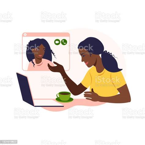 아프리카 여자 친구는 온라인으로 채팅 노트북 앞 의자에 앉아 친구와 이야기를 나누고 있는 소녀 화상 회의 온라인 채팅 개념 집에서 또는 온라인 회의 벡터 그림입니다 개념에