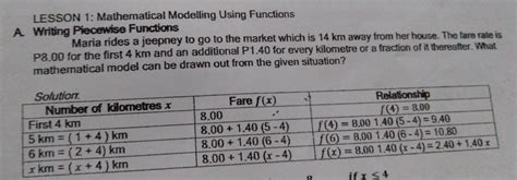 Solved Lesson 1 Mathematical Modelling Using Functions A Writing