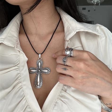 90s Vintage Silver Cross Necklace On Black Cord Depop