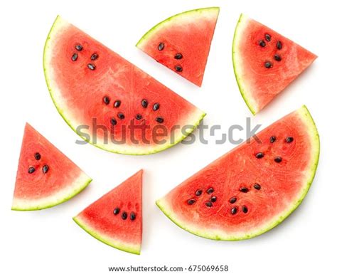 흰색 배경에 분리된 수박 조각 위쪽 스톡 사진지금 편집 675069658