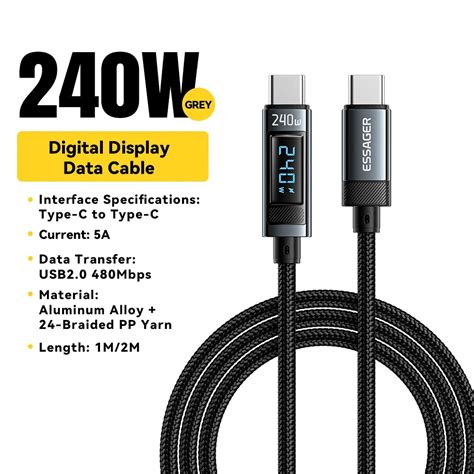 Essager 240W USB Type C To USB C Cable Digital Display 100W PD 3 1 Fast Charging Charger Wire
