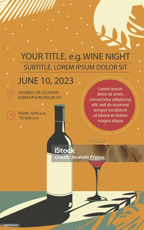 와인 한 병과 와인 한 잔이 있는 배너 또는 전단지 와인의 밤 또는 기타 행사 나만의 텍스트 추가 초대장에 대한 스톡 벡터 아트 및 기타 이미지 Istock
