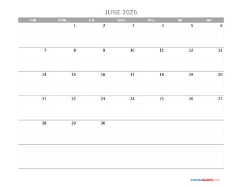 June 2026 Printable Calendar