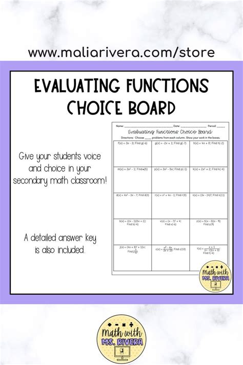 Evaluating Functions Choice Board Worksheet Systems Of Equations Equations Algebra