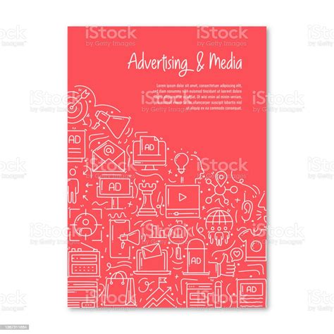 광고 및 미디어 관련 개체 및 요소 손으로 그린 벡터 낙서 일러스트 레이션 컬렉션 포스터 다양한 광고 및 미디어 개체가 있는 표지 템플릿 0명에 대한 스톡 벡터 아트 및