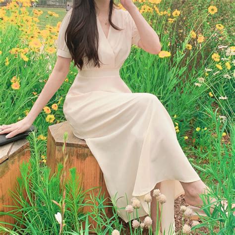 드일랑 천사 여름 반팔 하객 브이넥 벌룬 퍼프 소매 롱 원피스