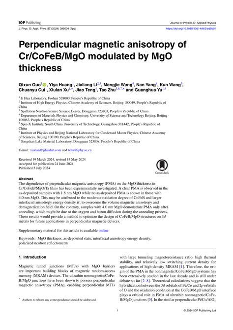 Perpendicular Magnetic Anisotropy Of Cr Cofeb Mgo Modulated By Mgo Thickness Request Pdf