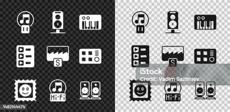 일시 중지 버튼 스테레오 스피커 음악 신디사이저 Lsd 산성 표시 음표 톤 재생 목록 및 웨이브 이퀄라이저 아이콘을 설정합니다 벡터 Mp3 플레이어에 대한 스톡 벡터 아트