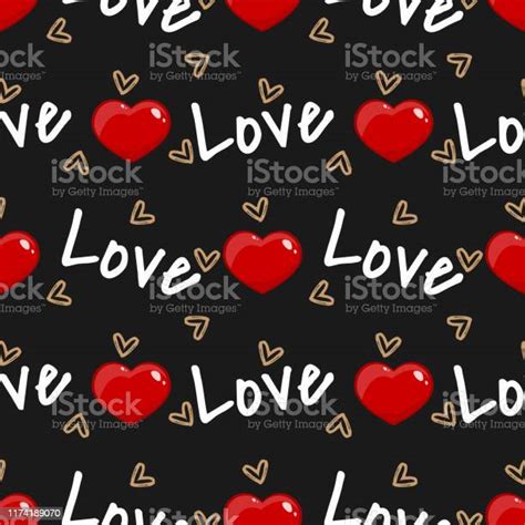 사랑 텍스트와 검은 배경에 작은 금 심장과 빨간 마음의 발렌타인 데이 원활한 패턴 발렌타인 데이 컨셉 벡터 그림입니다 검은색에 대한 스톡 벡터 아트 및 기타 이미지 Istock