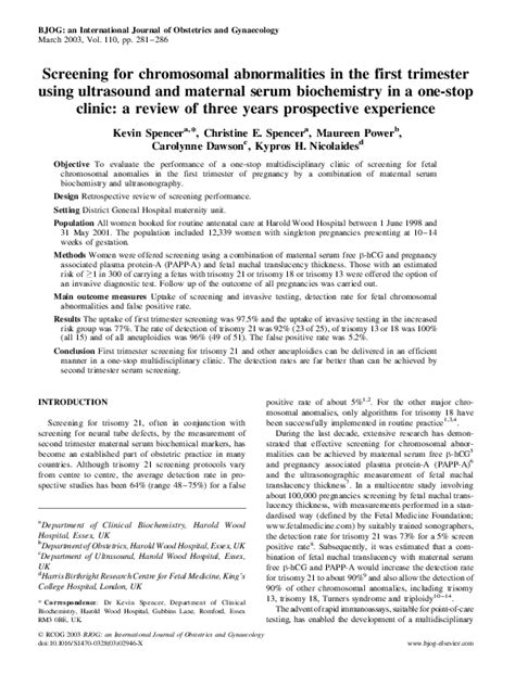 Pdf Screening For Chromosomal Abnormalities In The First Trimester Using Ultrasound And