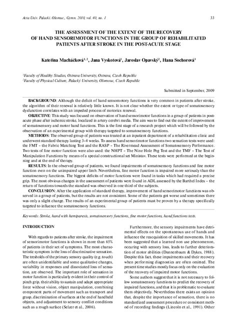 Pdf The Assessment Of The Extent Of The Recovery Of Hand Sensorimotor Functions In The Group