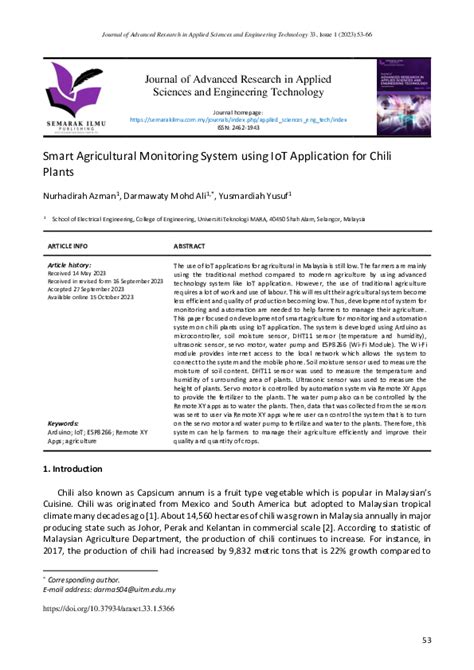 Pdf Smart Agricultural Monitoring System Using Iot Application For