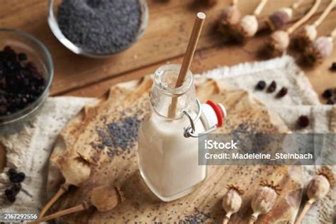 생태학적 종이 빨대가 있는 유리병에 담긴 수제 비건 양귀비 씨 우유 제로 웨이스트 우유에 대한 스톡 사진 및 기타 이미지 우유 양귀비 식물 0명 Istock