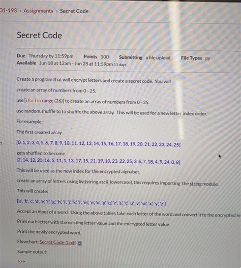 Solved 01 193 Assignments Secret Code Secret Code File Types Py File Upload Due Thursday 11