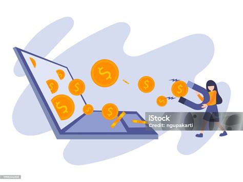 랩톱에서 자석으로 돈을 유치 하는 성공적인 여성의 비즈니스 플랫 디자인 일러스트 비즈니스 우먼의 벡터 만화 은유 개념은 디지털 마케팅 성과에서 달러 동전을 얻을 동전에 대한