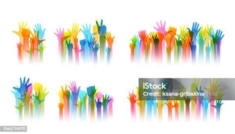 실루엣 디바이 더 컬렉션을 손입니다 레인 보우에서 장식 요소 손을 발생합니다 축제 콘서트 사회 관용 공공 사회 교육 또는 자원 봉사 개념 그림 무지개에 대한 스톡 벡터 아트