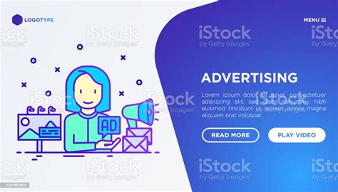 광고 개념 빌보드 이메일 및 소셜 미디어에 광고를 제공 하는 여자 얇은 라인 아이콘입니다 벡터 일러스트 레이 션 웹 페이지 서식 파일 간판에 대한 스톡 벡터 아트 및 기타