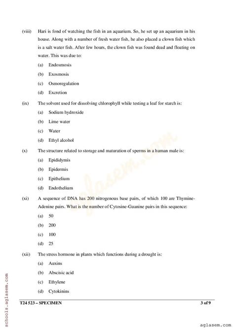 Icse Biology Specimen Paper 2024 Pdf Cisce Class 10 Biology Sample