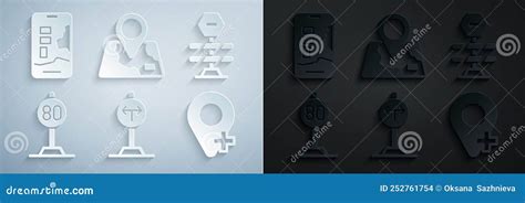 Set Fork In The Road Road Barrier Speed Limit Traffic Location Folded Map With Location