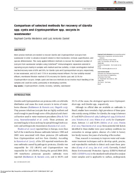 Pdf Comparison Of Selected Methods For Recovery Of Giardia Spp Cysts And Cryptosporidium Spp