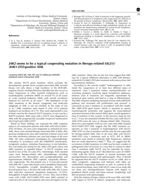Pdf Jak2 Seems To Be A Typical Cooperating Mutation In Therapy Related T 8 21 Aml1 Eto